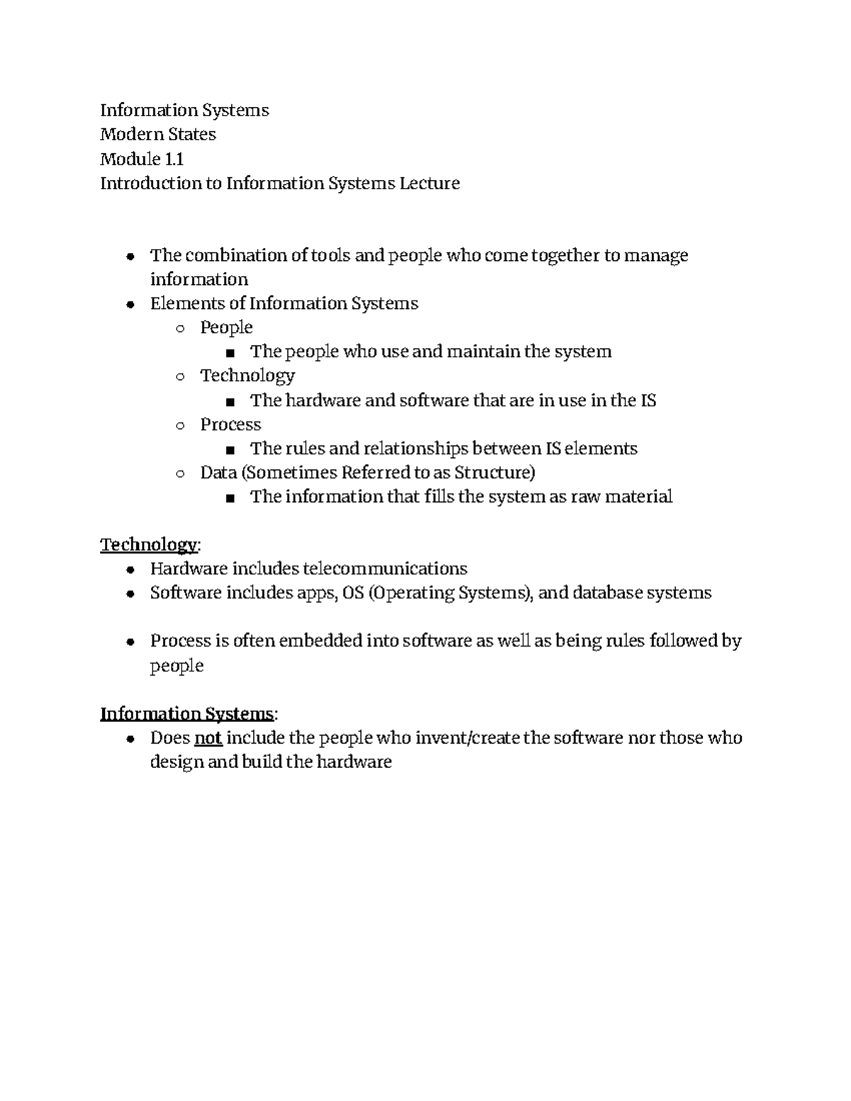 Information Systems M 1.1 Lecture Notes: Intro to IS Elements - Studocu