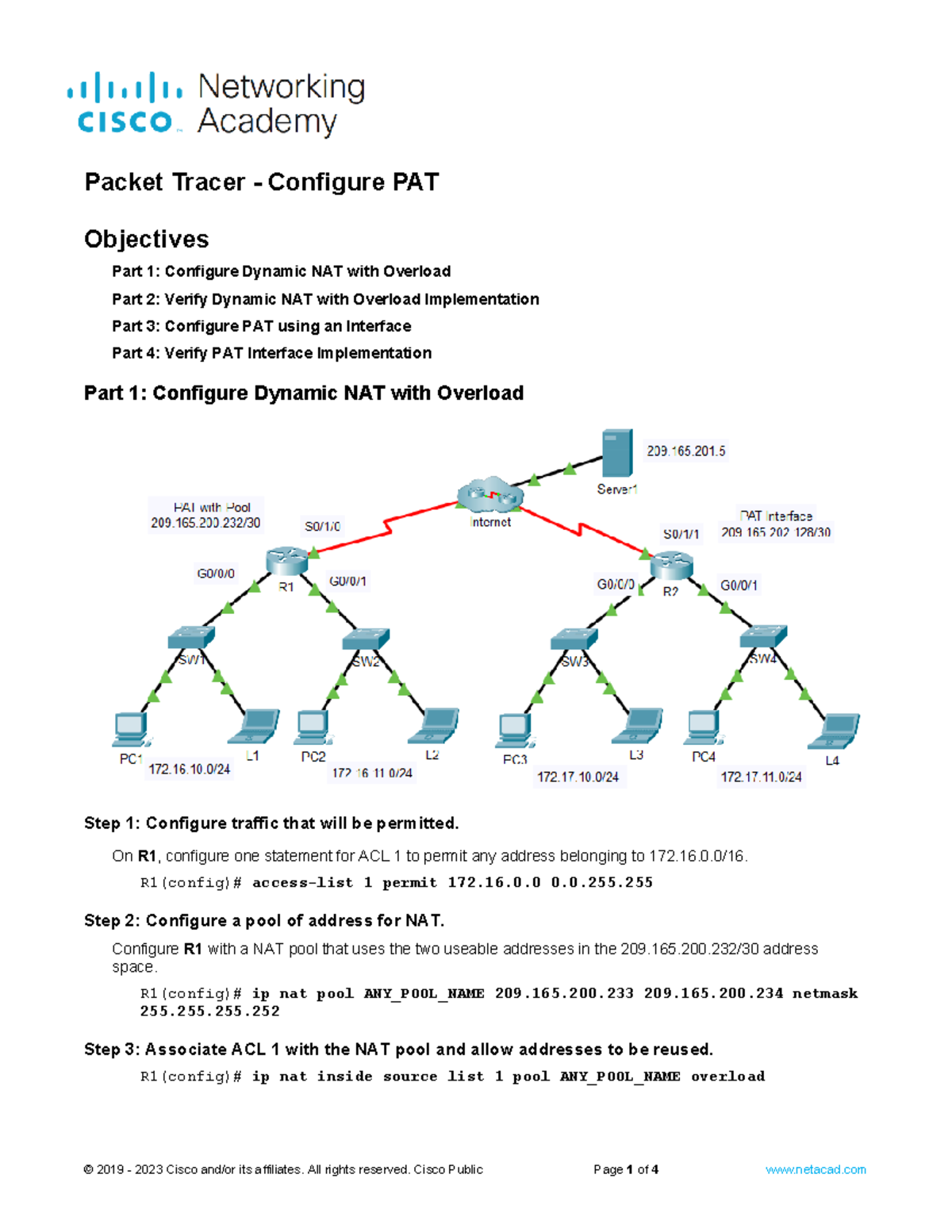 6.6.7 Packet Tracer - Configuring Dynamic NAT and PAT Implementation ...