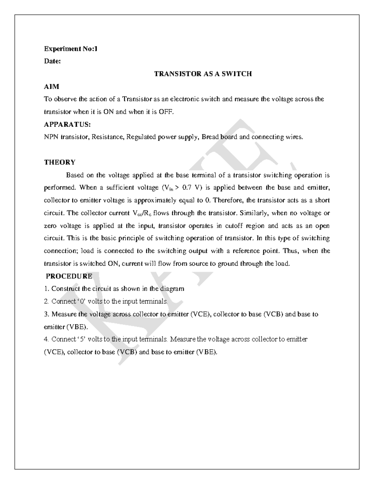 Experiment No:1 - Transistor as a Switch (349) - Studocu