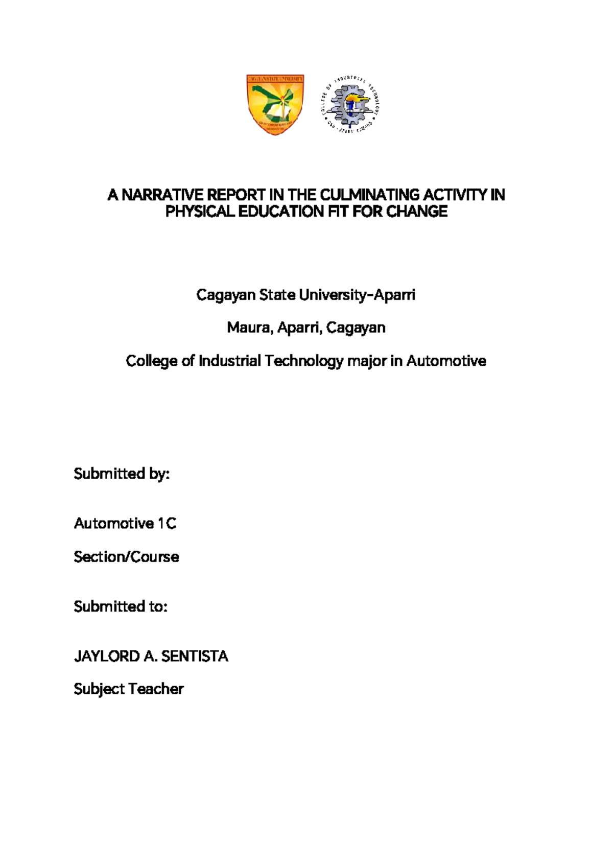 Automotive 1C Cheerdance Culminating Activity Narrative Report - Studocu