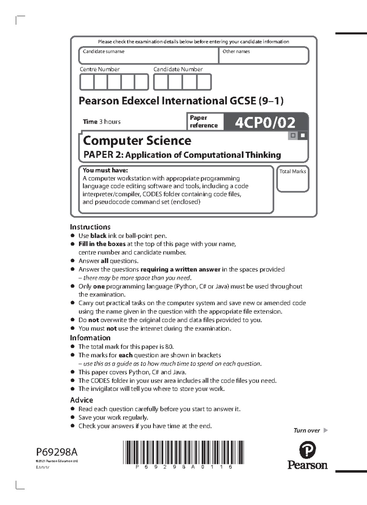 4CP0 - IGCSE Computer Science Paper 2 Exam Instructions & Questions ...