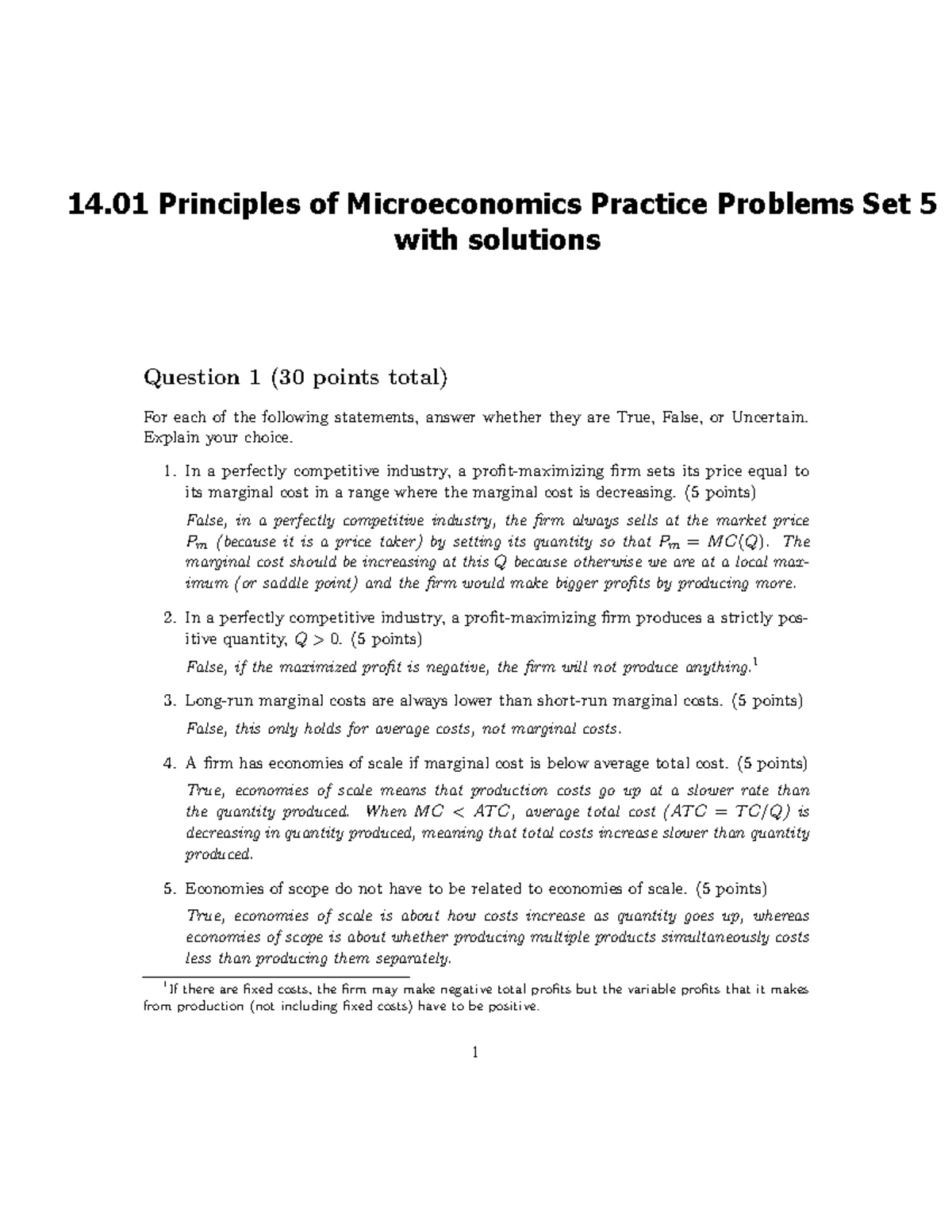 14.01 Principles of Microeconomics Practice Problems Set 5 with ...