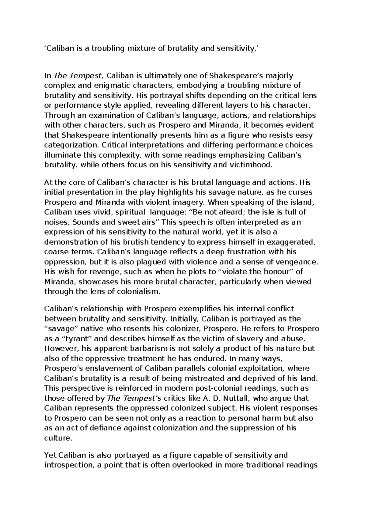 Caliban in The Tempest: A Complex Study of Brutality and Sensitivity ...