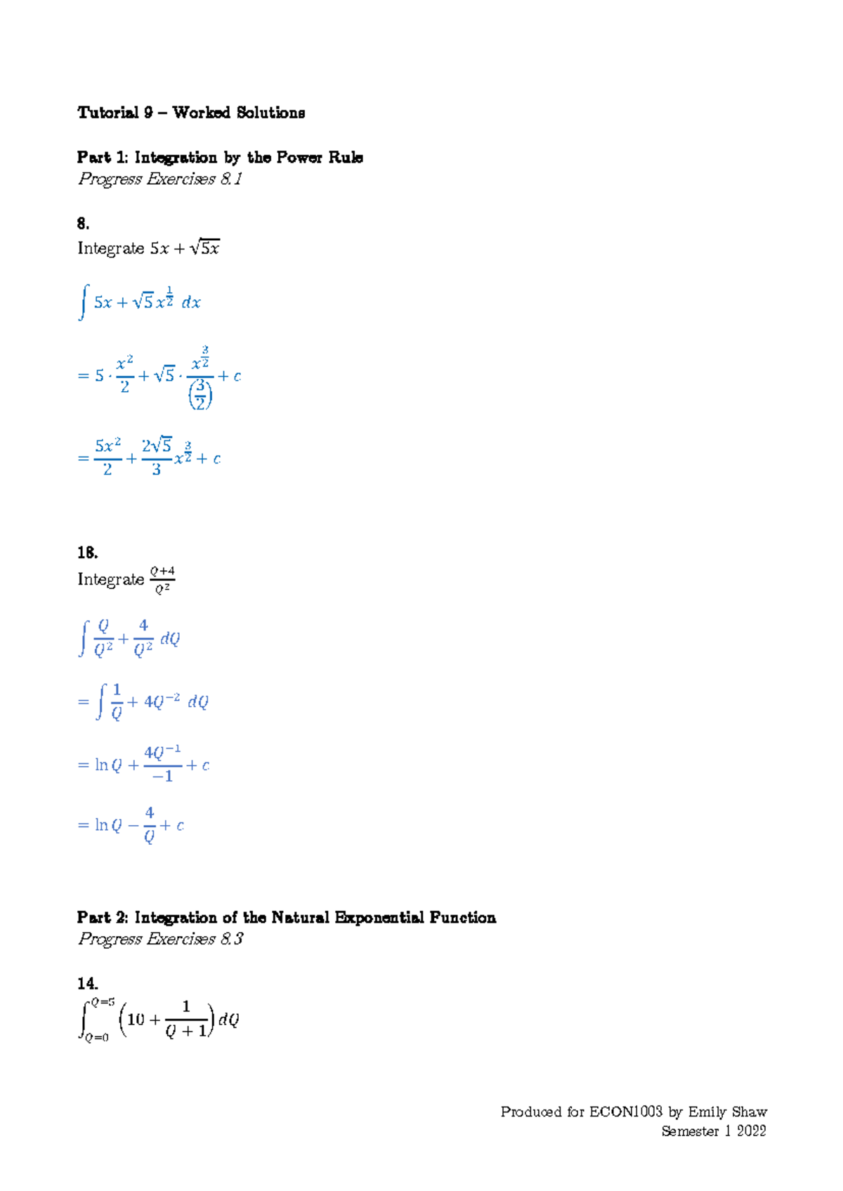Tutorial 9 Worked Solutions: Integration Techniques for ECON1003 - Studocu