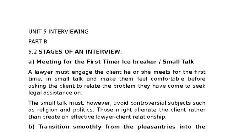 UNIT 5 Interviewing: Stages & Ethics of Client Interaction - Studocu