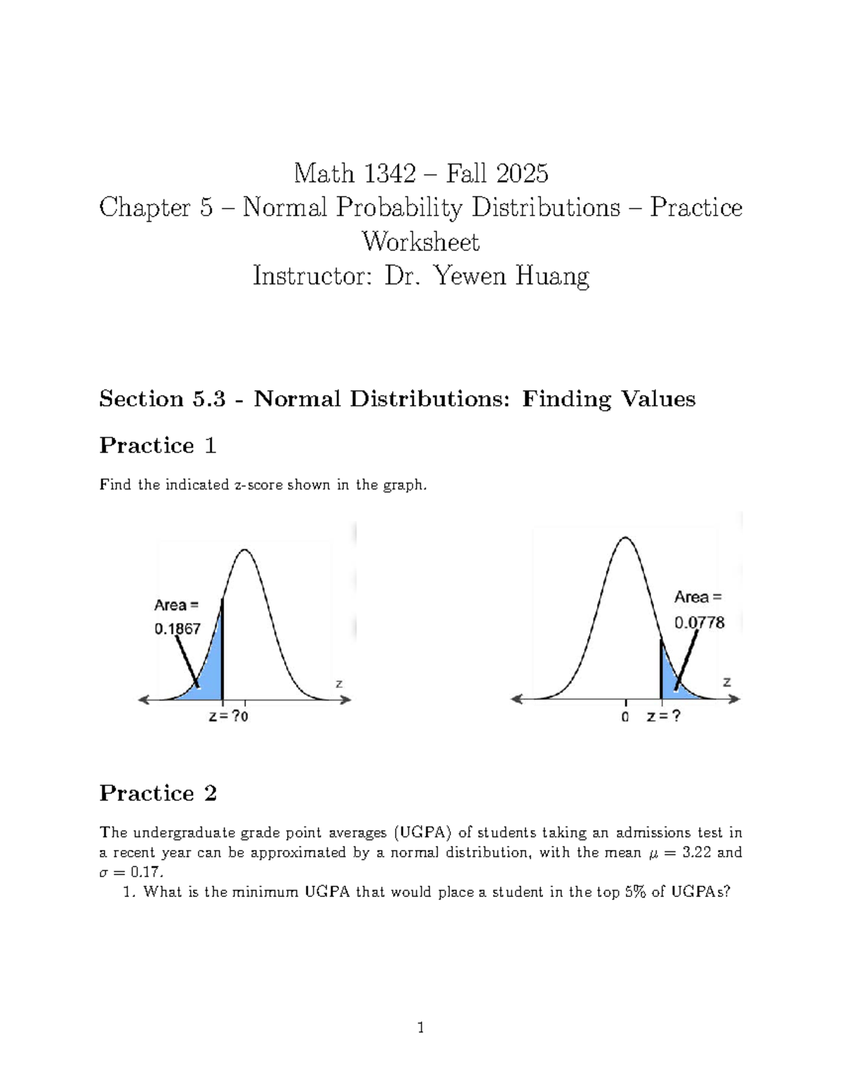 Math 1342 – Chapter 5 – Normal Probability Distributions – Practice ...