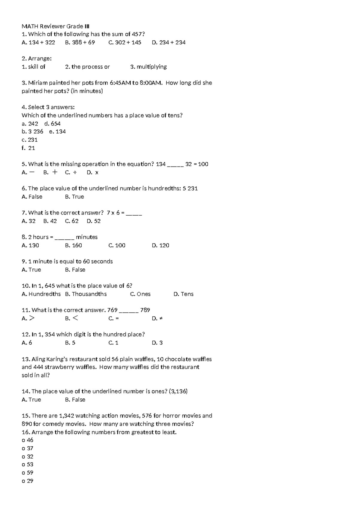 MATH Reviewer Grade 1: Practice Questions and Exercises - Studocu