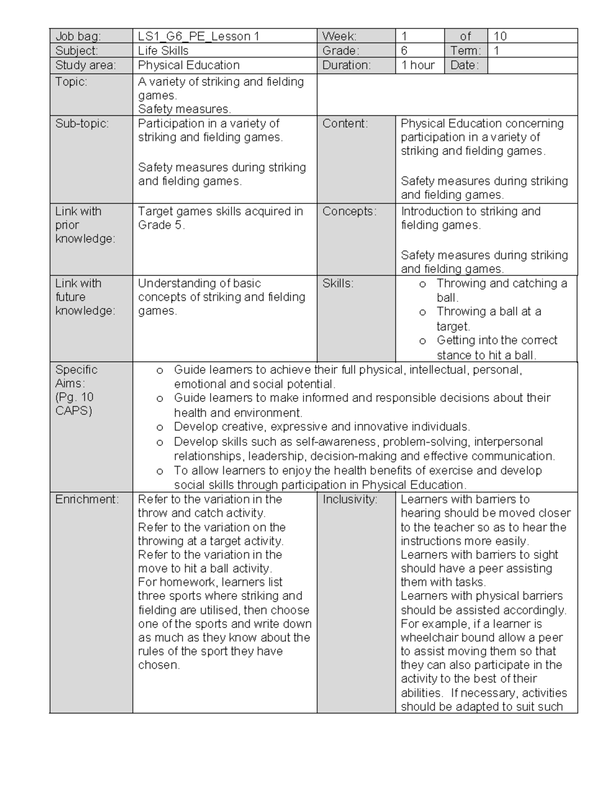 LS1_G6_PE_Lesson 1: Striking & Fielding Games Safety Measures - Studocu