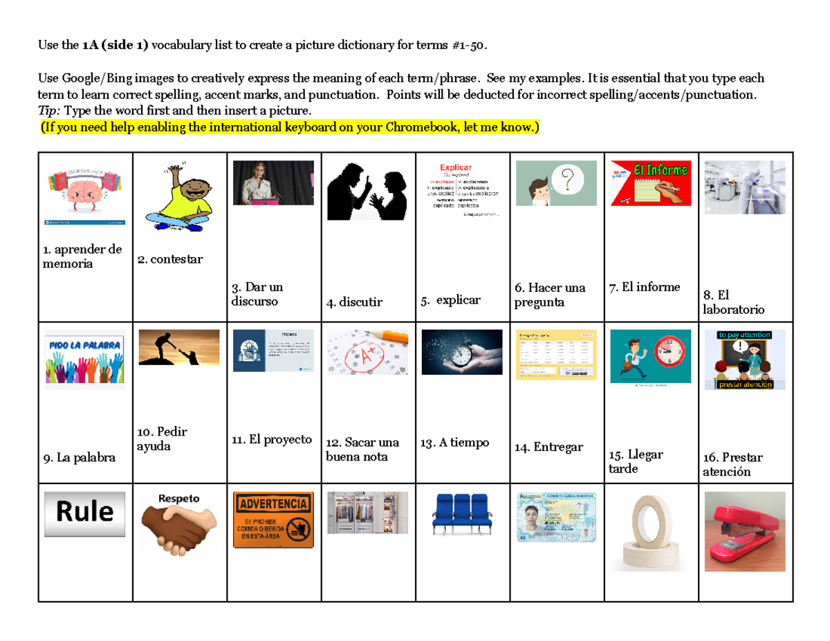 Spanish - 1A Picture Dictionary - Use the 1A (side 1) vocabulary list ...
