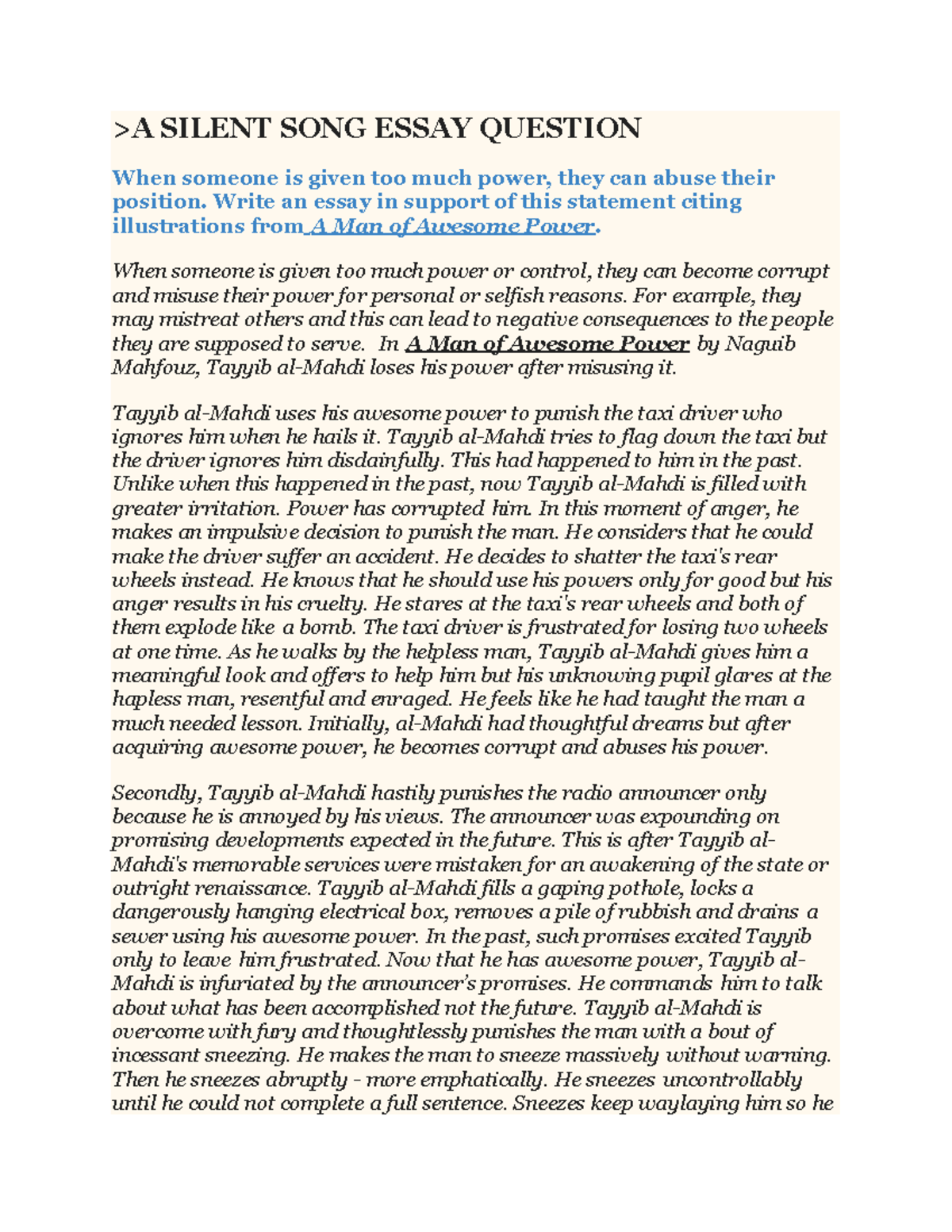 SILENT SONG ESSAY QUESTION: Power and Corruption in A Man of Awesome ...