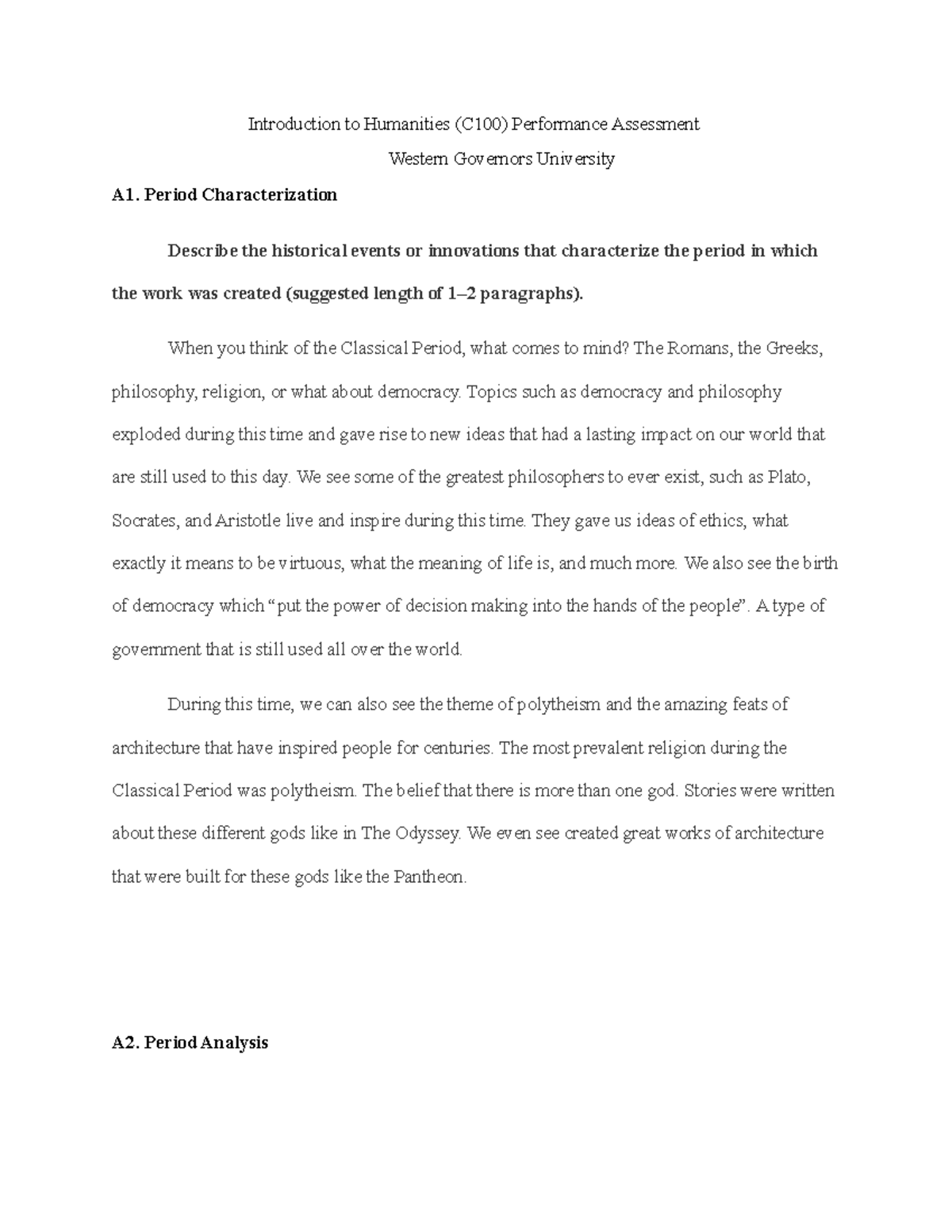 Humanities Performance Assessment - Introduction to Humanities (C100 ...