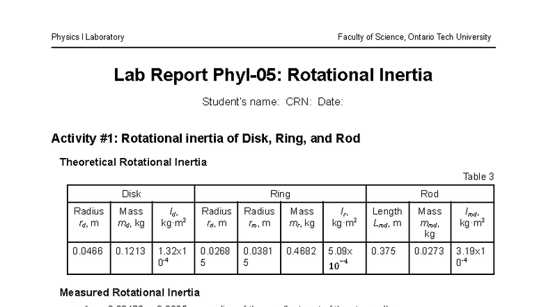 Lab 5 Report: Rotational Inertia in Physics I (SCI 1010) - Studocu
