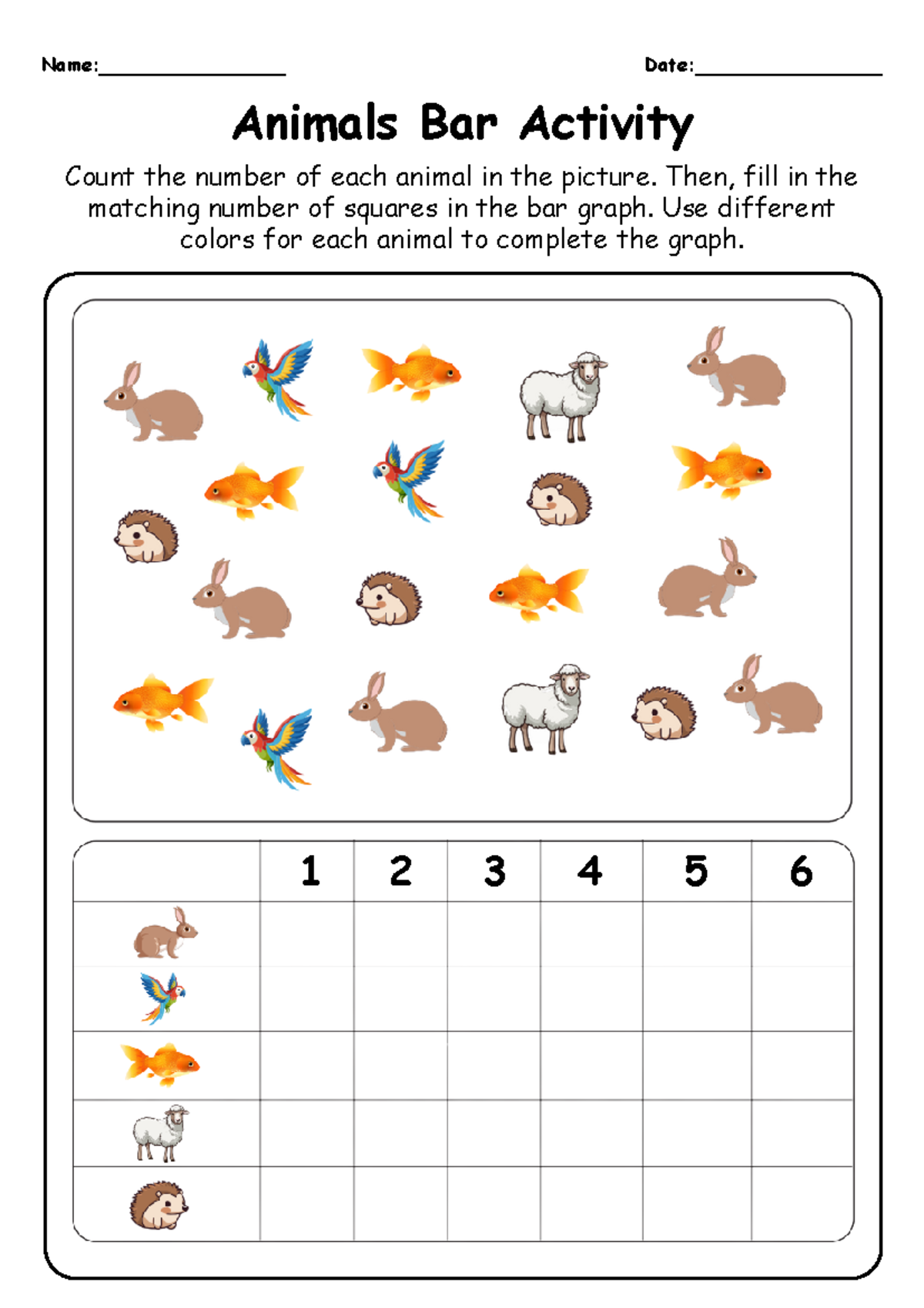 Animal Counting Bar Graph - Kindergarten Worksheet - Count the number ...