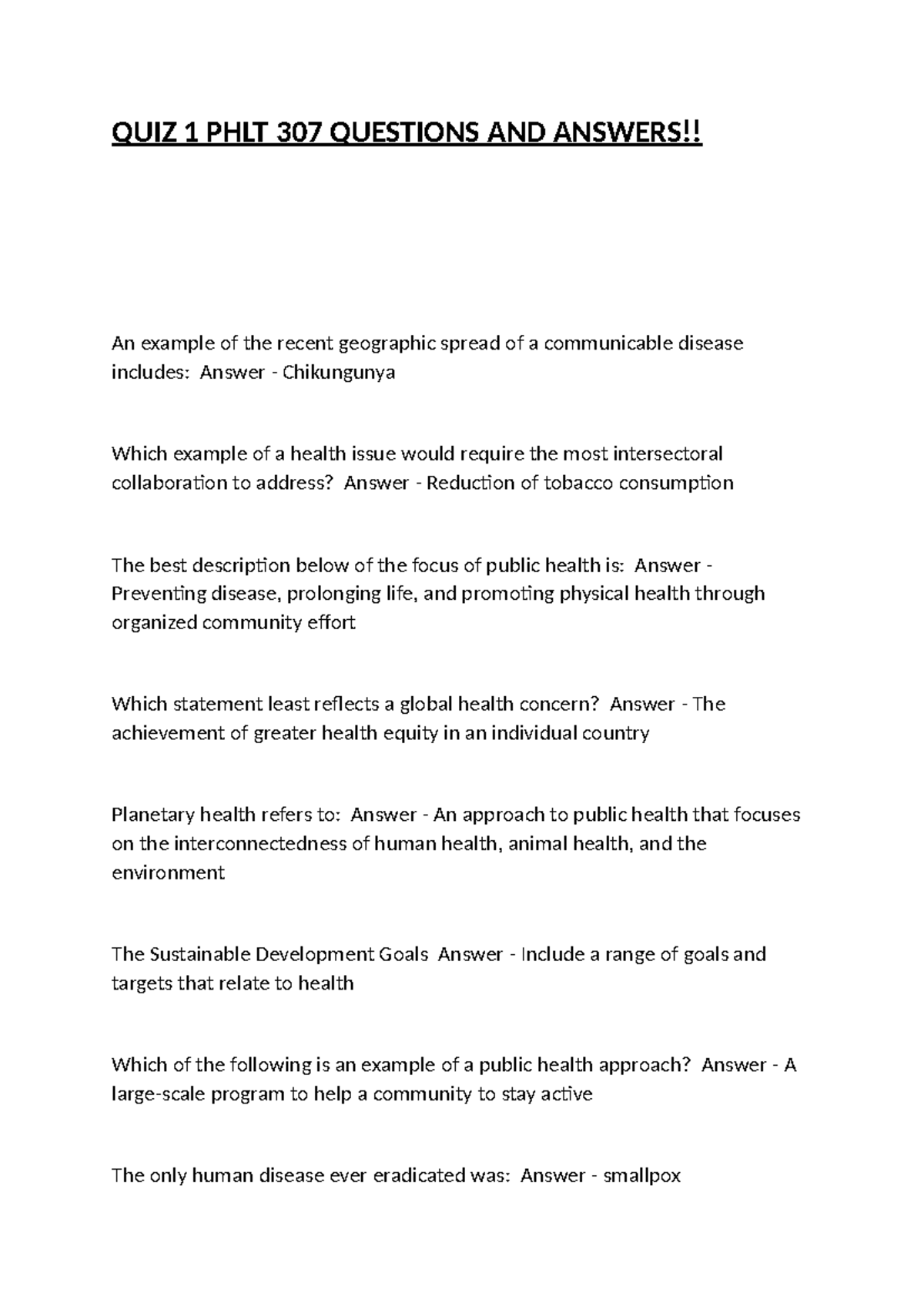 QUIZ 1 PHLT 307: Key Questions and Answers on Public Health - Studocu