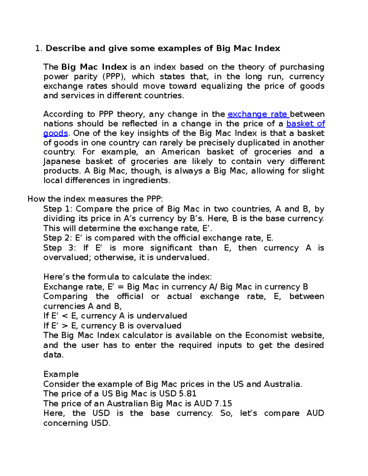 Homework BigMac Index - Describe and give some examples of Big Mac ...