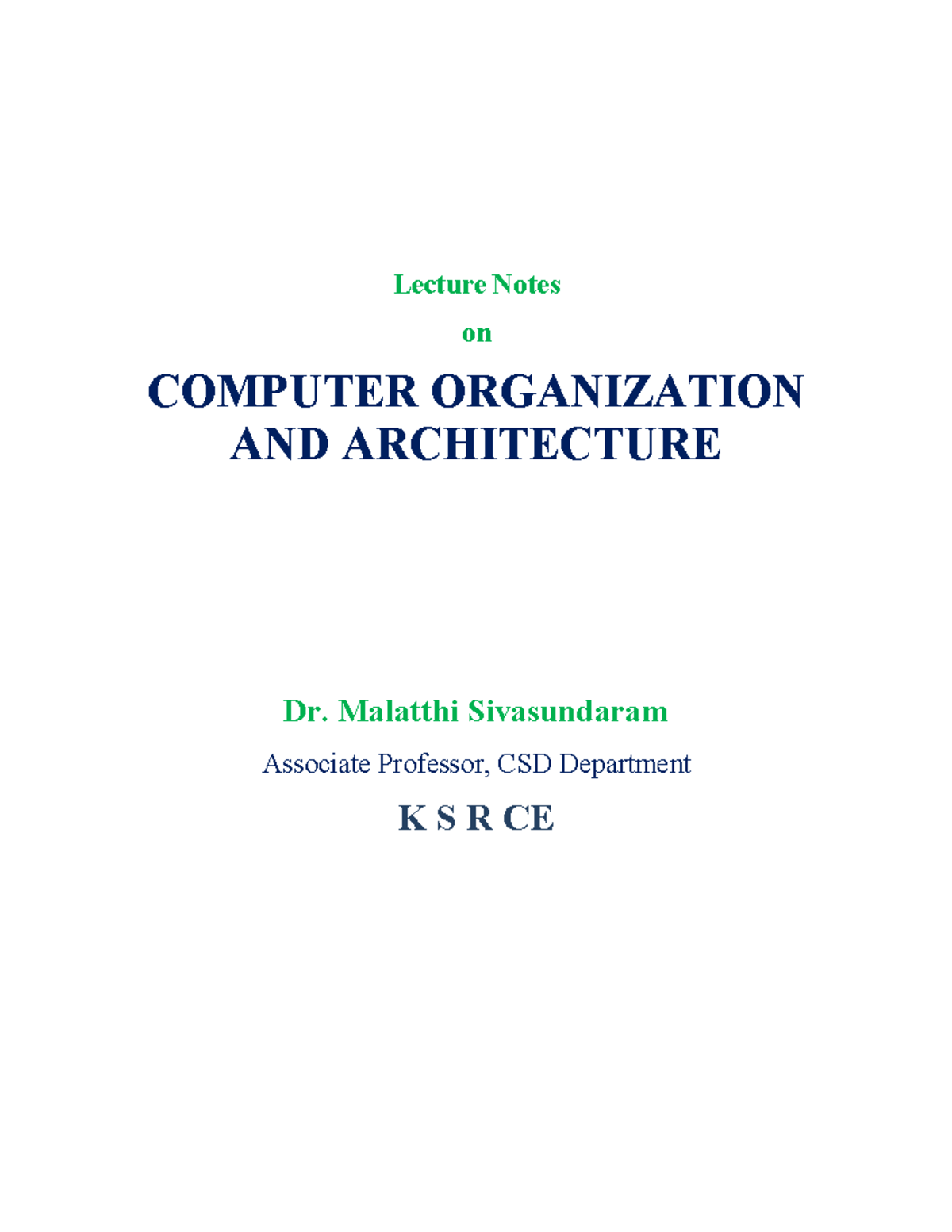 Lecture Notes on COA: Comprehensive Overview of Computer Organization ...