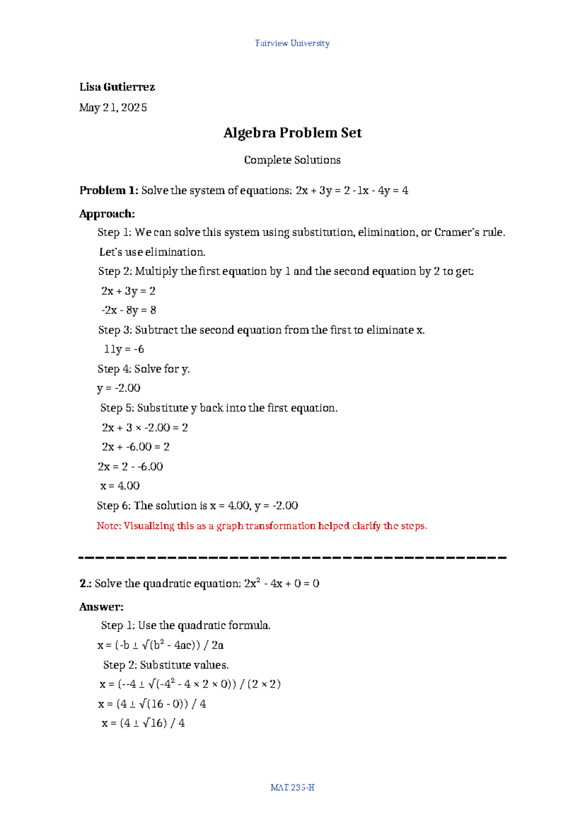 MATH 169 - Algebra Problem Set Solutions and Transformations Guide ...