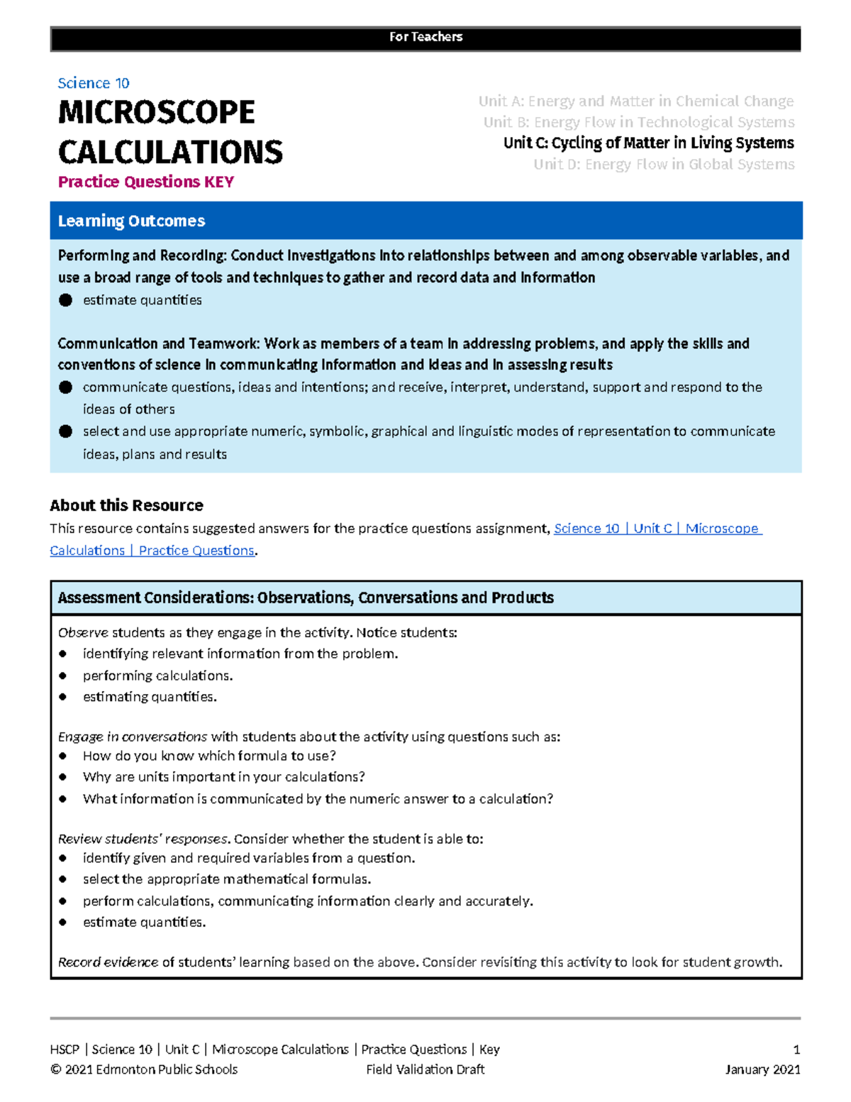 HSCP Science 10 Unit C Microscope Calculations Practice Questions Key ...