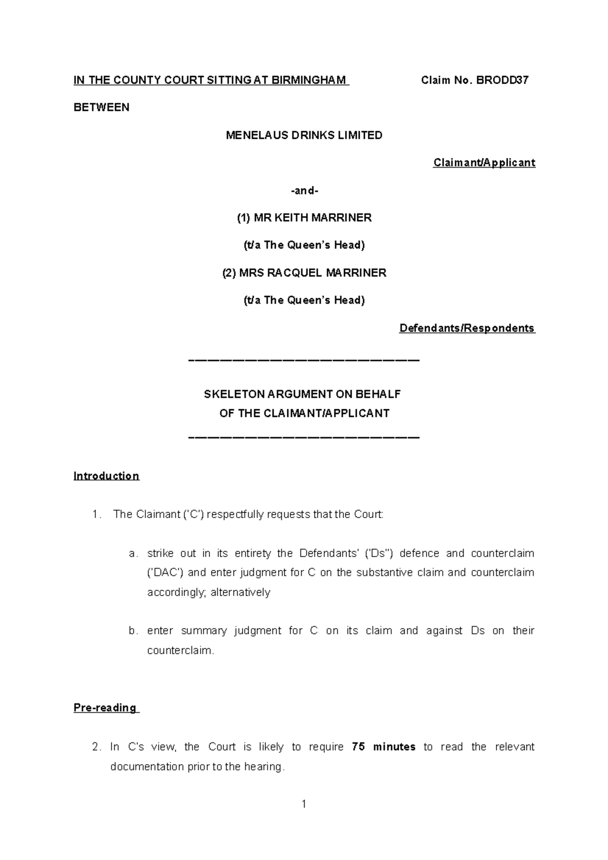 Skeleton Argument for Judgment: Strike Out of Defendants’ Claim - Studocu