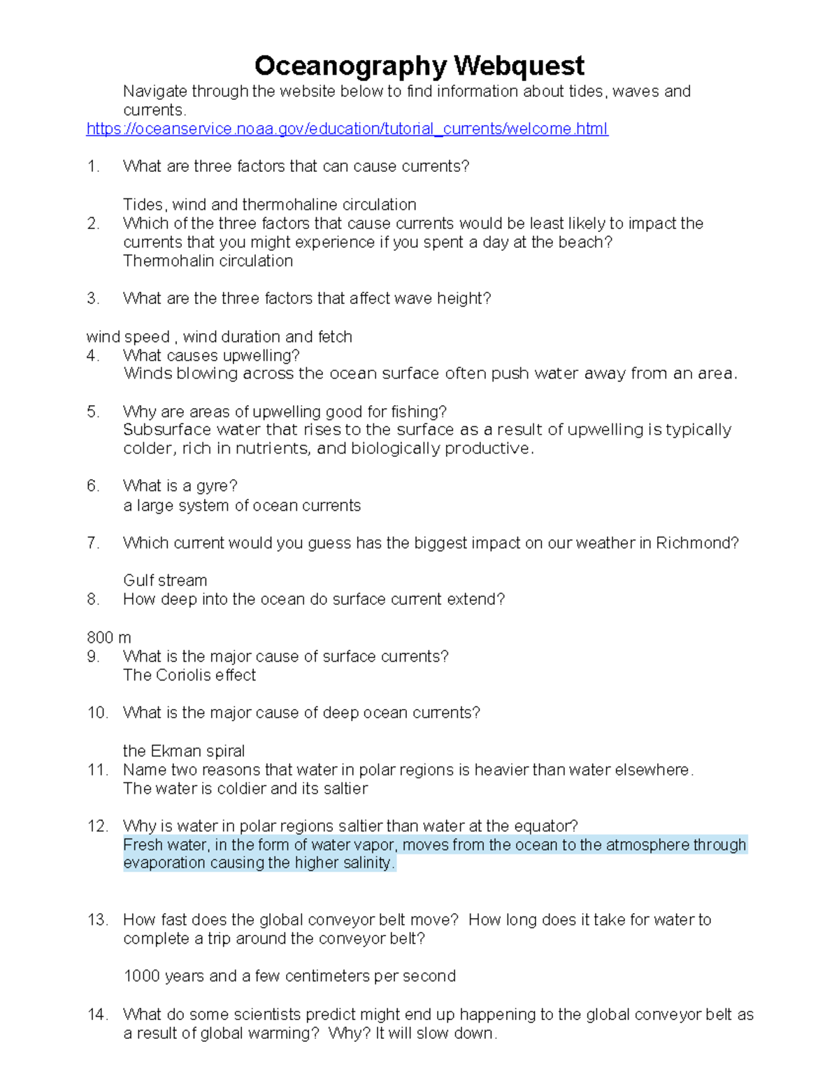 Currents Waves- Oceanography Webquest short - Oceanography Webquest ...