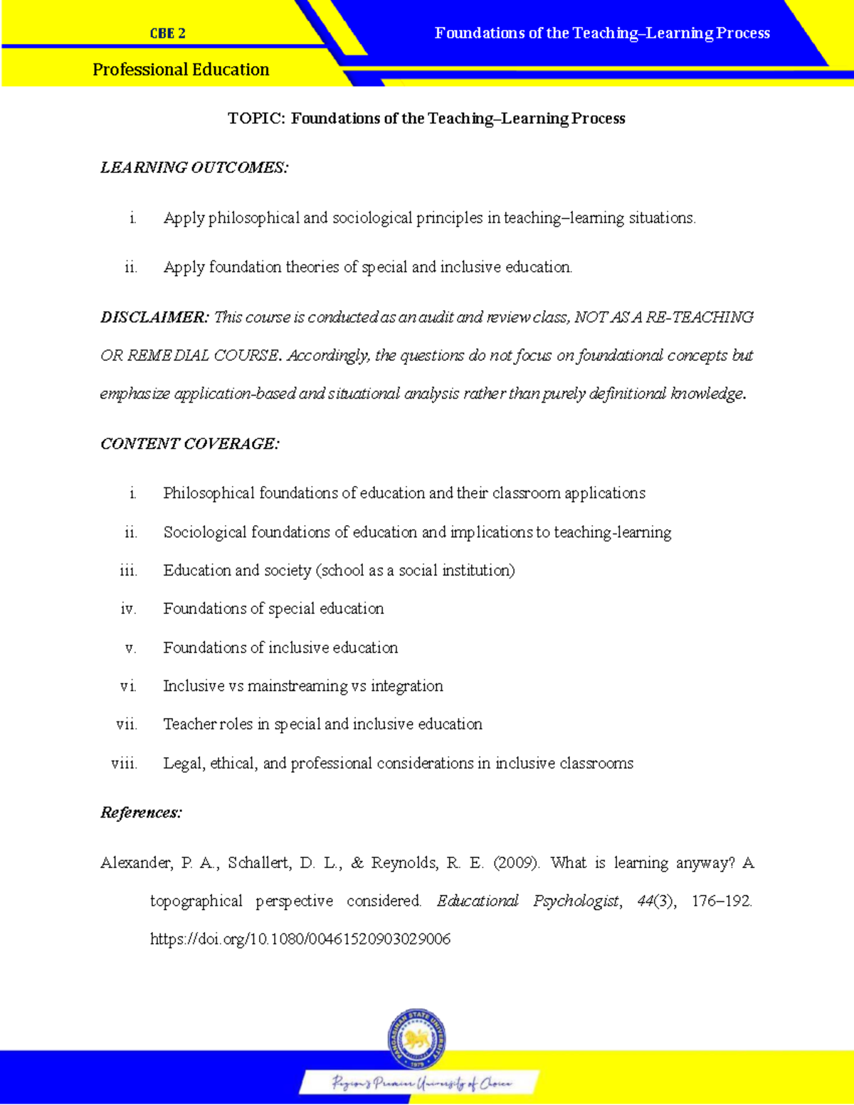 CBE 2 Foundations of the Teaching-Learning Process: Key Concepts ...