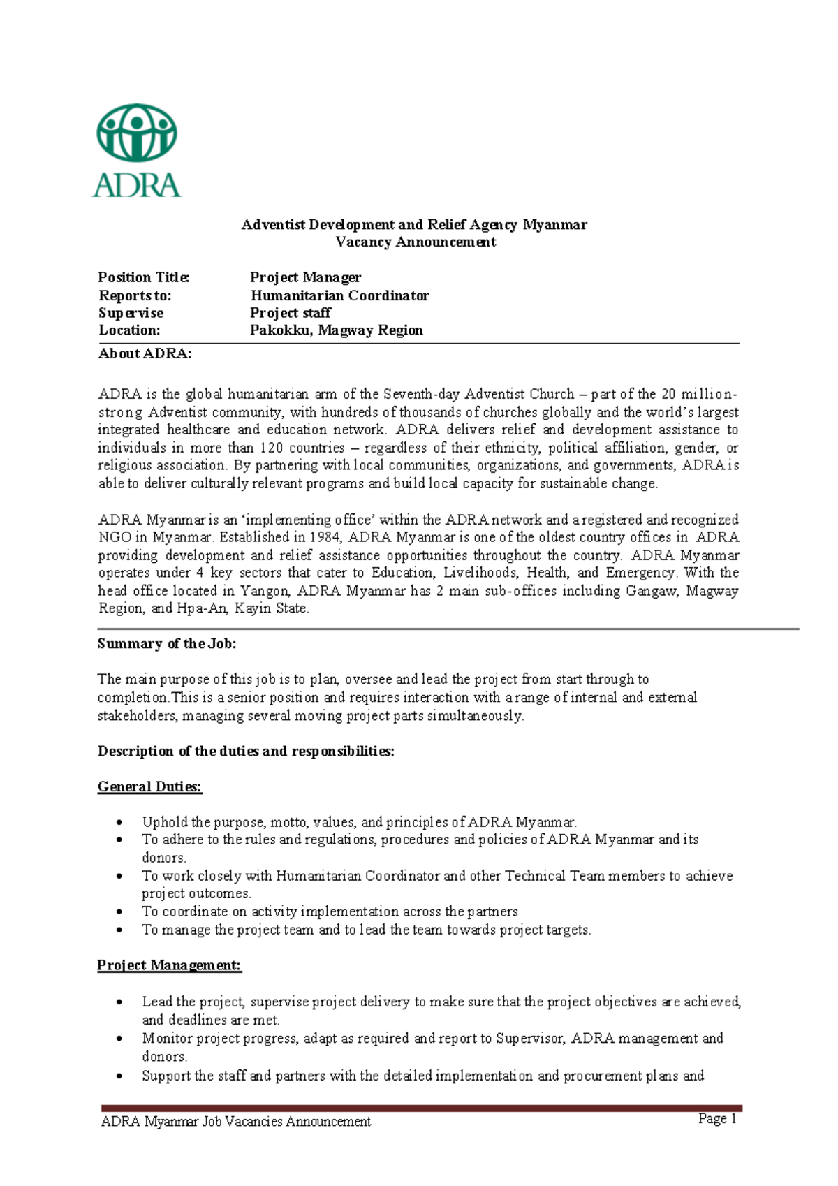 ADRA Myanmar Vacancy Announcement Project Manager Deadline September 20 ...
