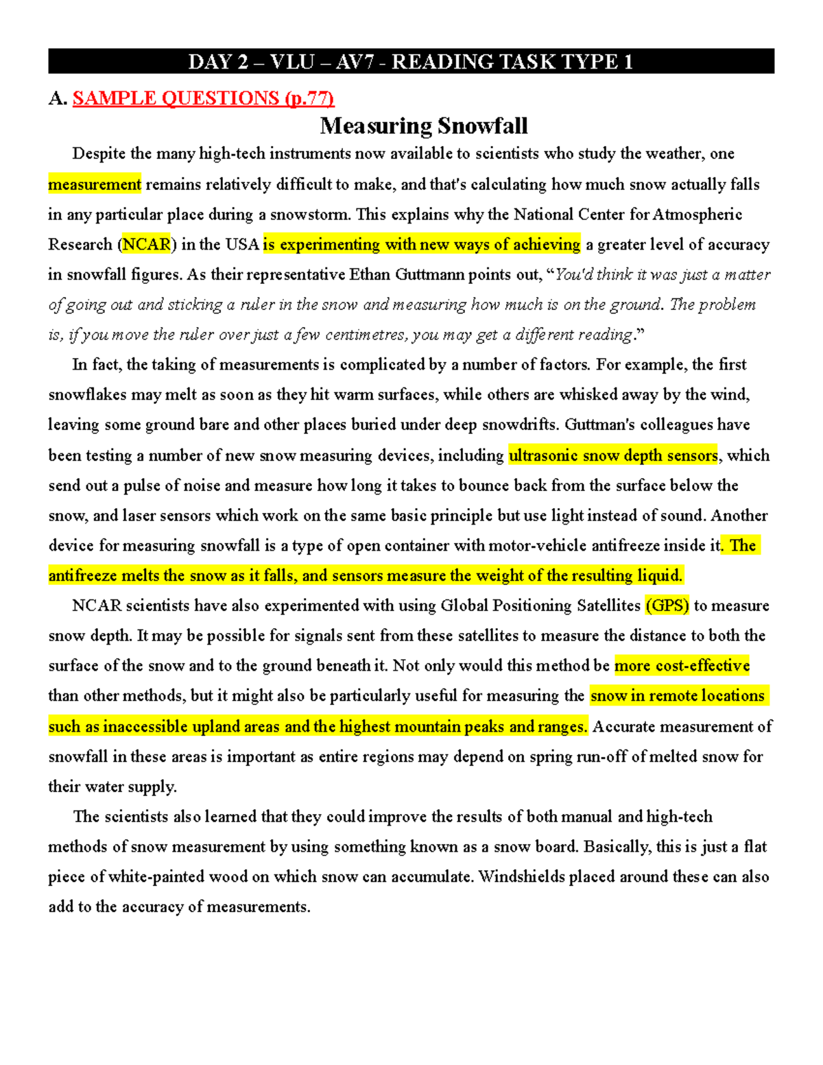 AV7 - DAY 2 - Reading Task Type 1 Handouts and Questions - Studocu