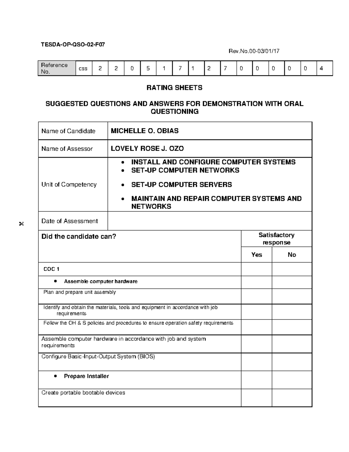 TESDA-OP-QSO-02-F: Sample Rating Sheets for Competency Assessment - Studocu