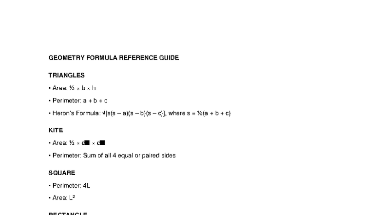 Geometry Formula Reference Guide: Triangles, Circles, and More - Studocu