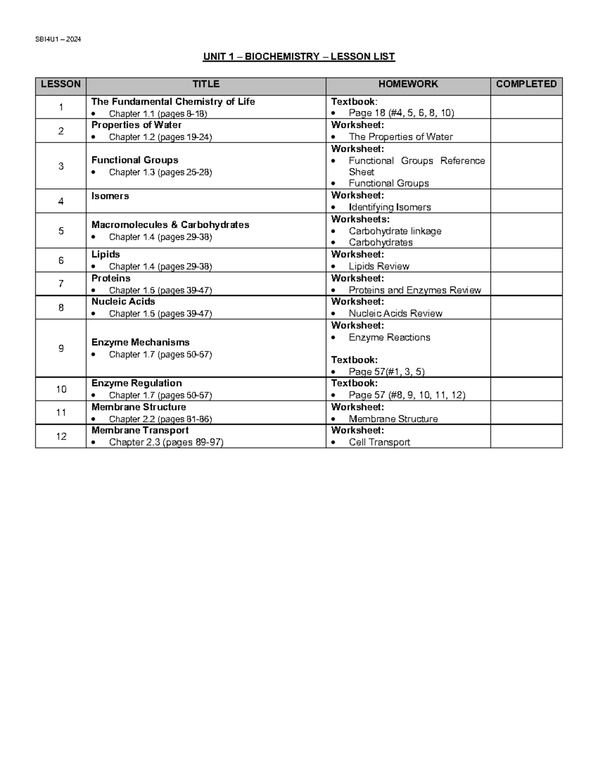 SBI4U1 2024 Unit 1 Biochemistry Lesson Overview: Lessons 1-4 - Studocu