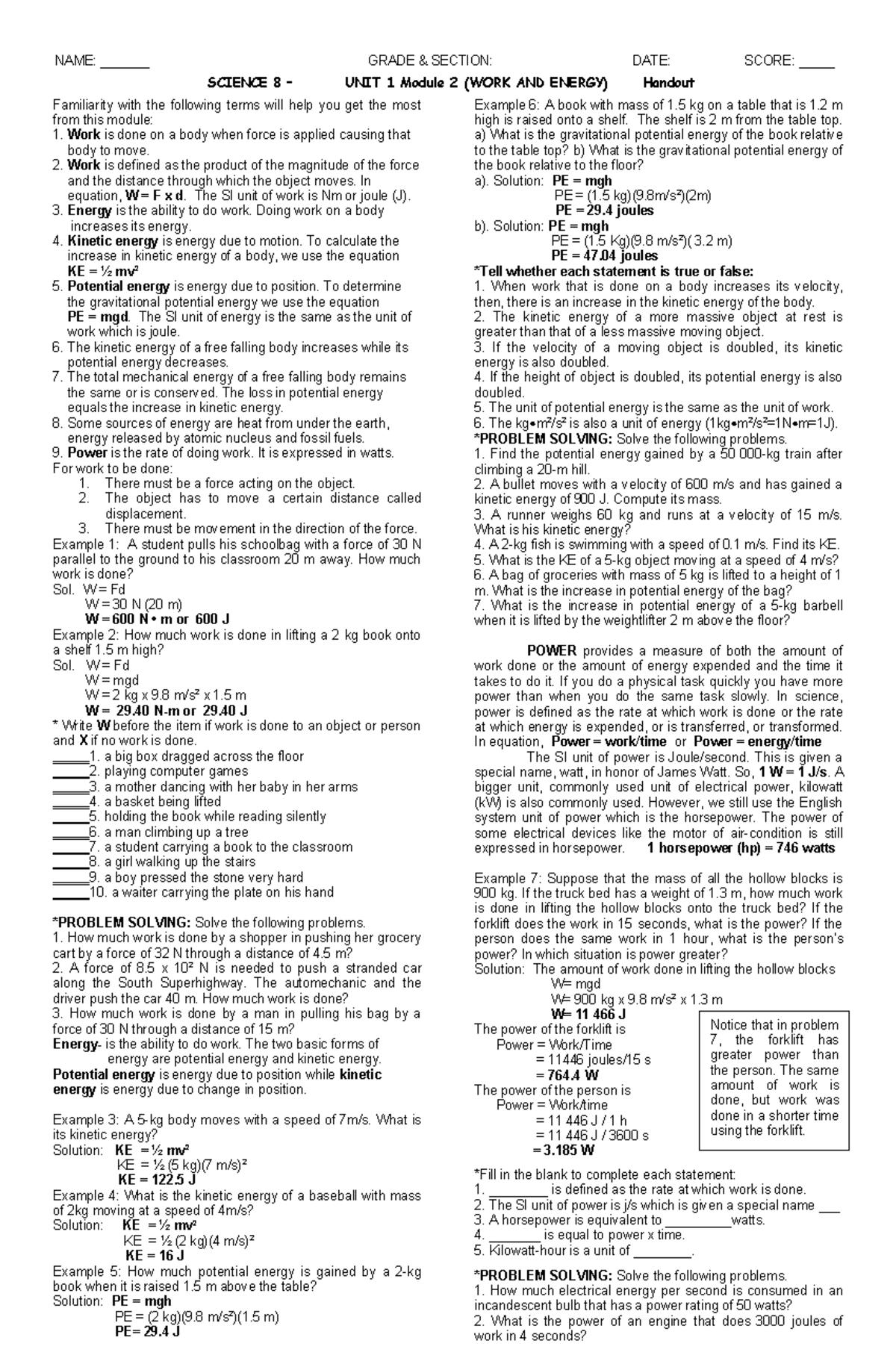 work and energy handout - Notice that in problem 7, the forklift has ...
