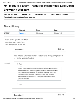 M6 Module 6 Exam Requires Respondus Lock Down Browser Webcam Essential Microbiology with Lab 20 ...