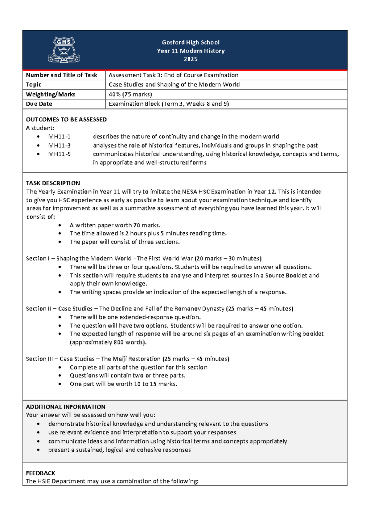 2025 Year 11 Modern History Task #3: End of Course Exam Guide - Studocu