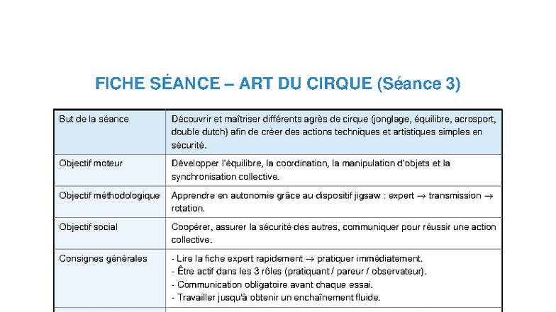 FICHE SÉANCE ART DU CIRQUE (Séance 3) - Tableau de Nada - Studocu