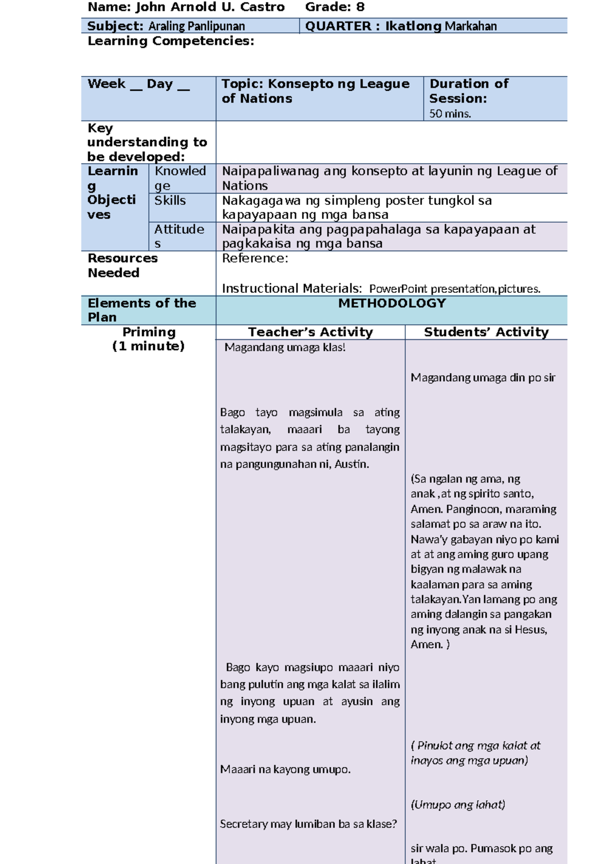 4As JES Grade 10 VAWC - Lesson Planning on League of Nations - Studocu