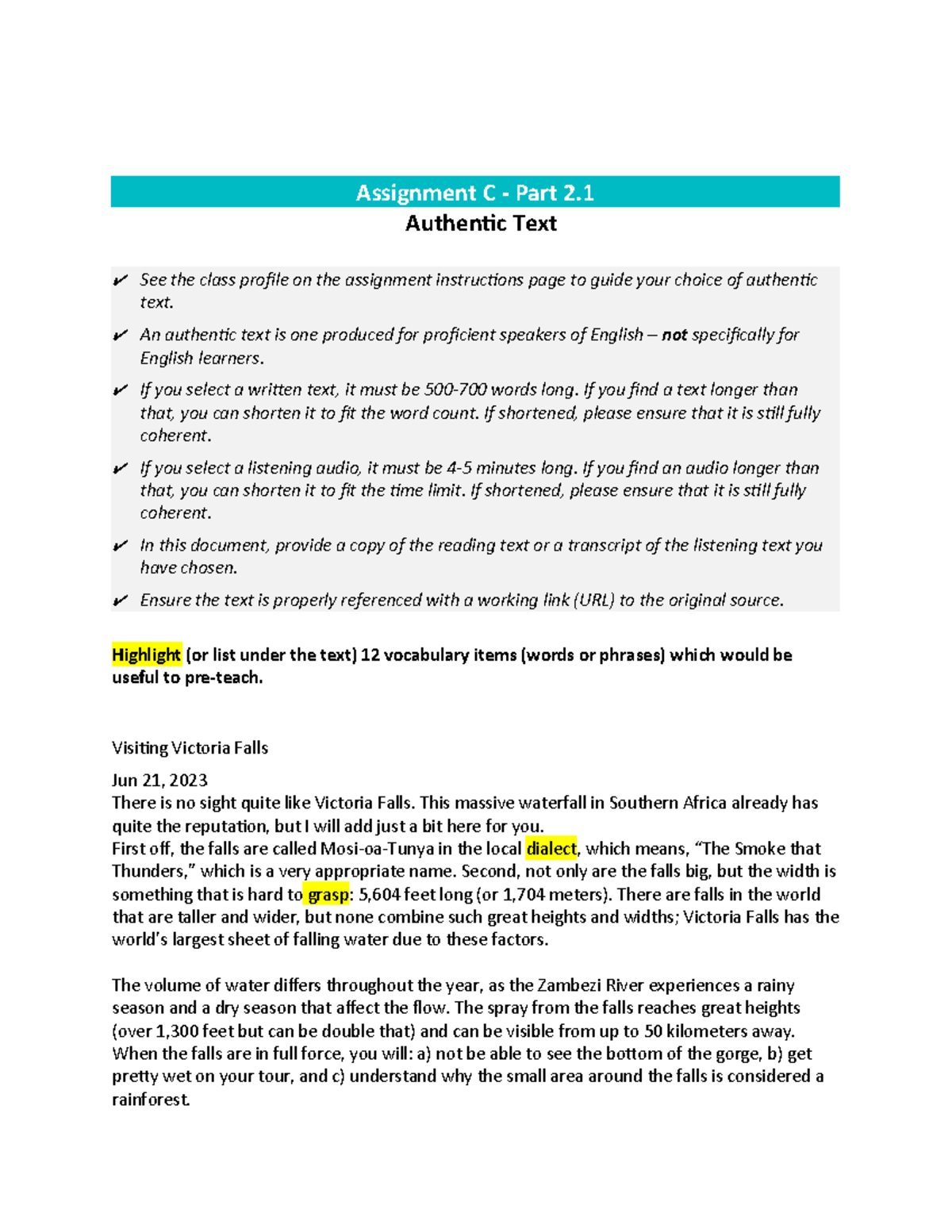 L5C Assignment C Part 2.1: Authentic Text on Victoria Falls - Studocu