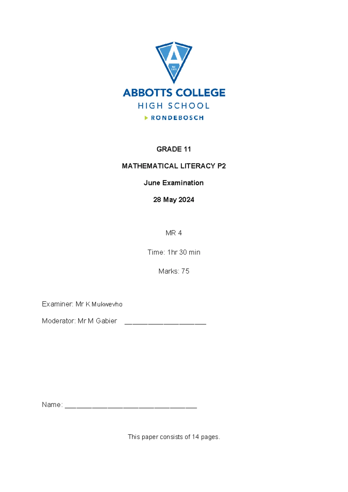 Grade 11 Mathematical Literacy P - June Exam Paper 1 (2024) - Studocu