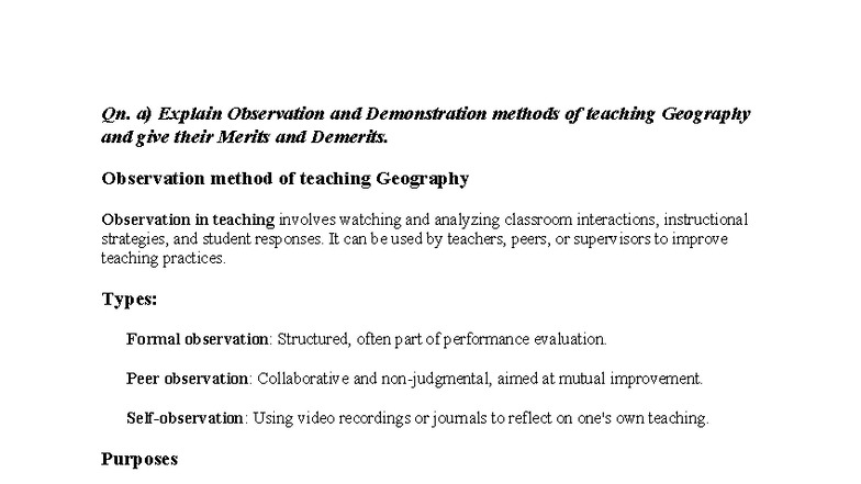Teaching Geography: Observation & Demonstration Methods (EDU 101) - Studocu