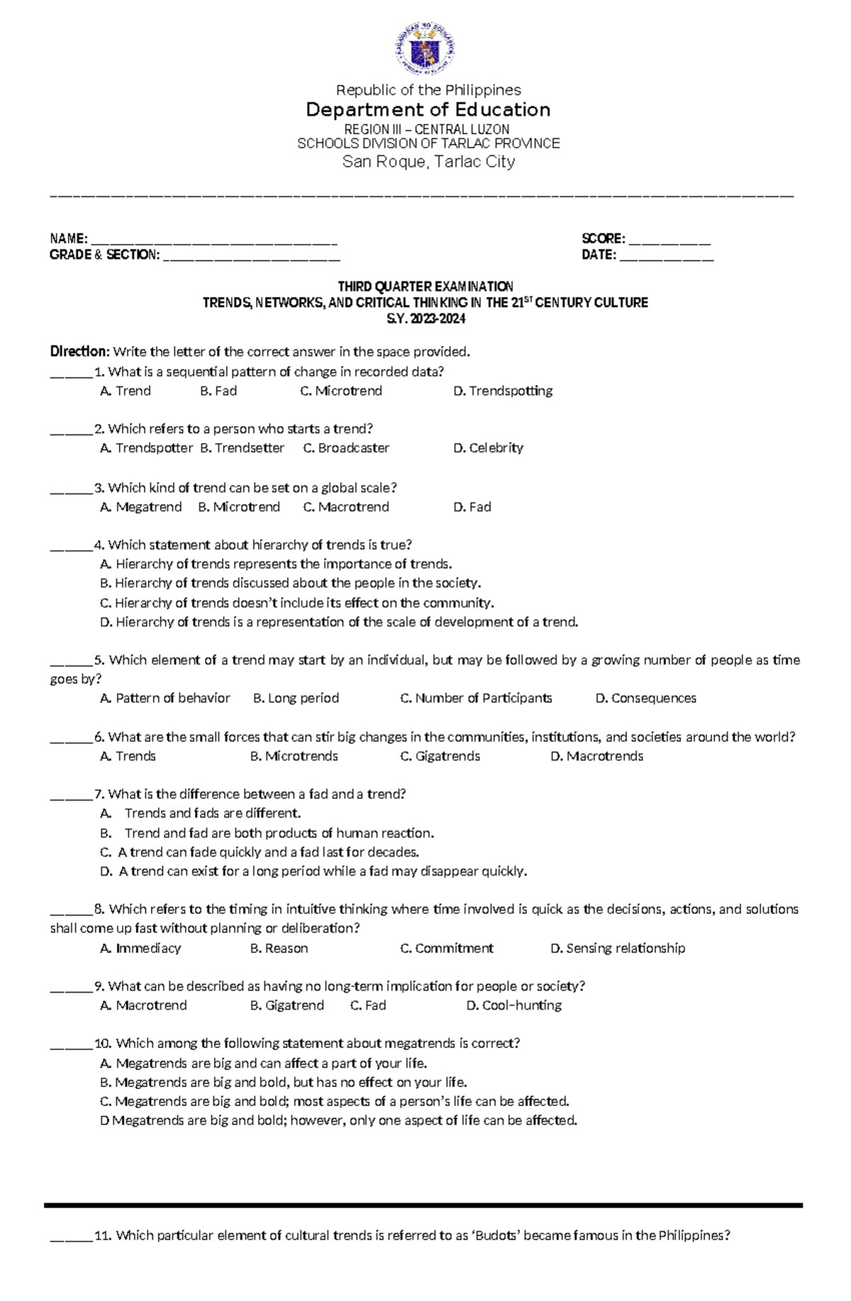 Grade-12 Humss TNCT 3rd-Exam - Department of Education REGION III ...