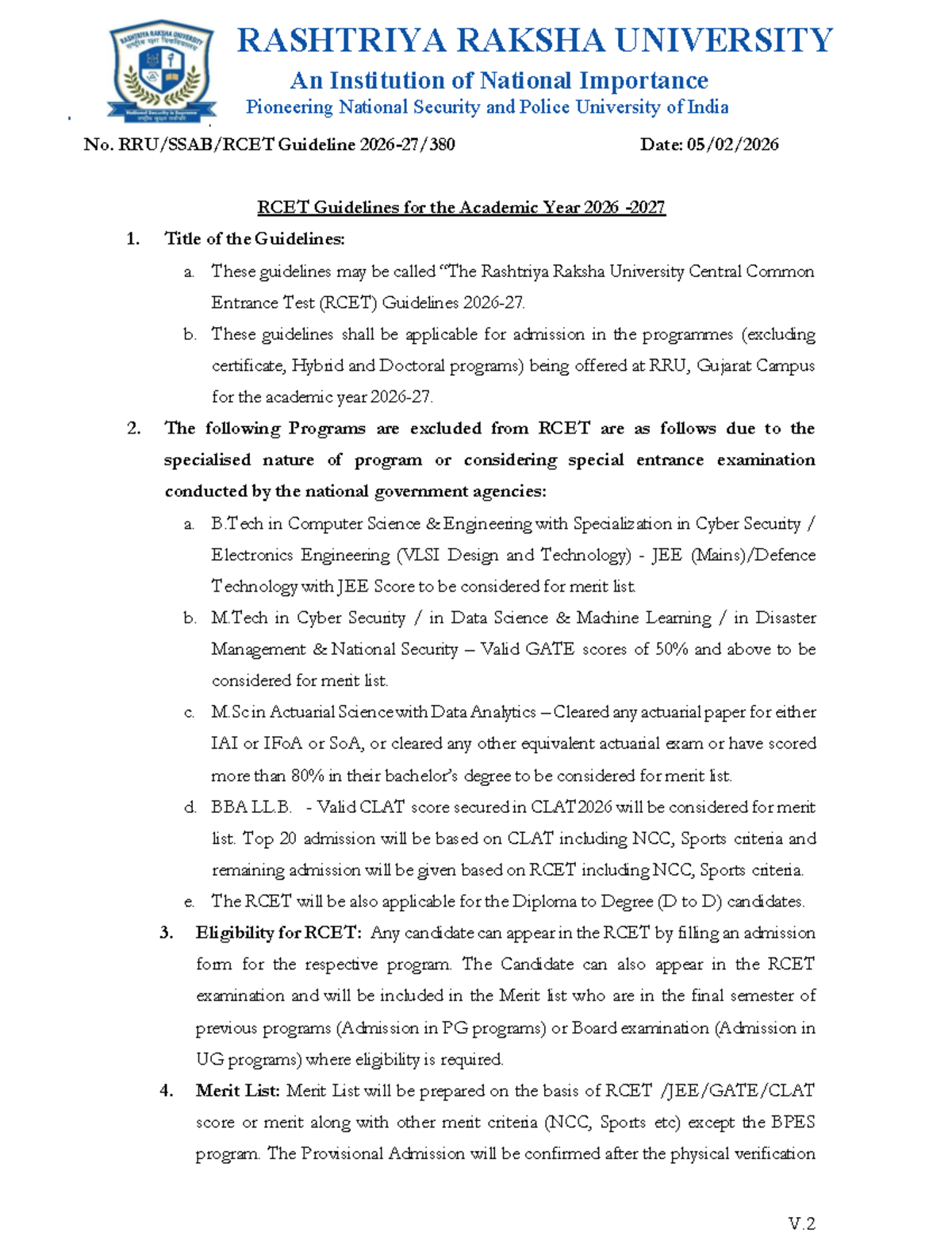 RCET Guidelines for Admission 2026-27 at Rashtriya Raksha University ...