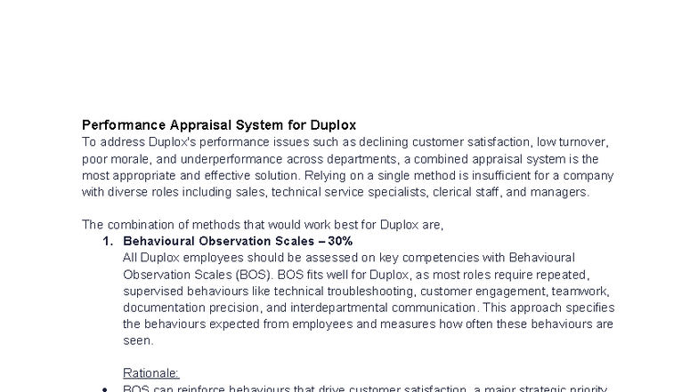 Performance Appraisal System for Duplox: A Comprehensive Approach - Studocu