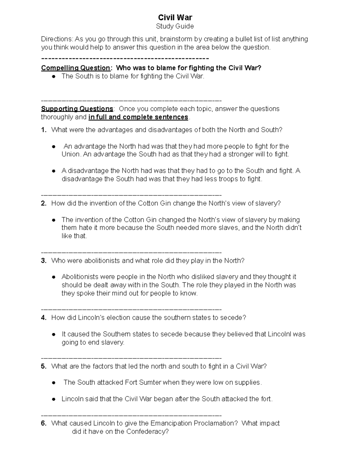 History Civil War Study Guide - Civil War Study Guide Directions: As ...