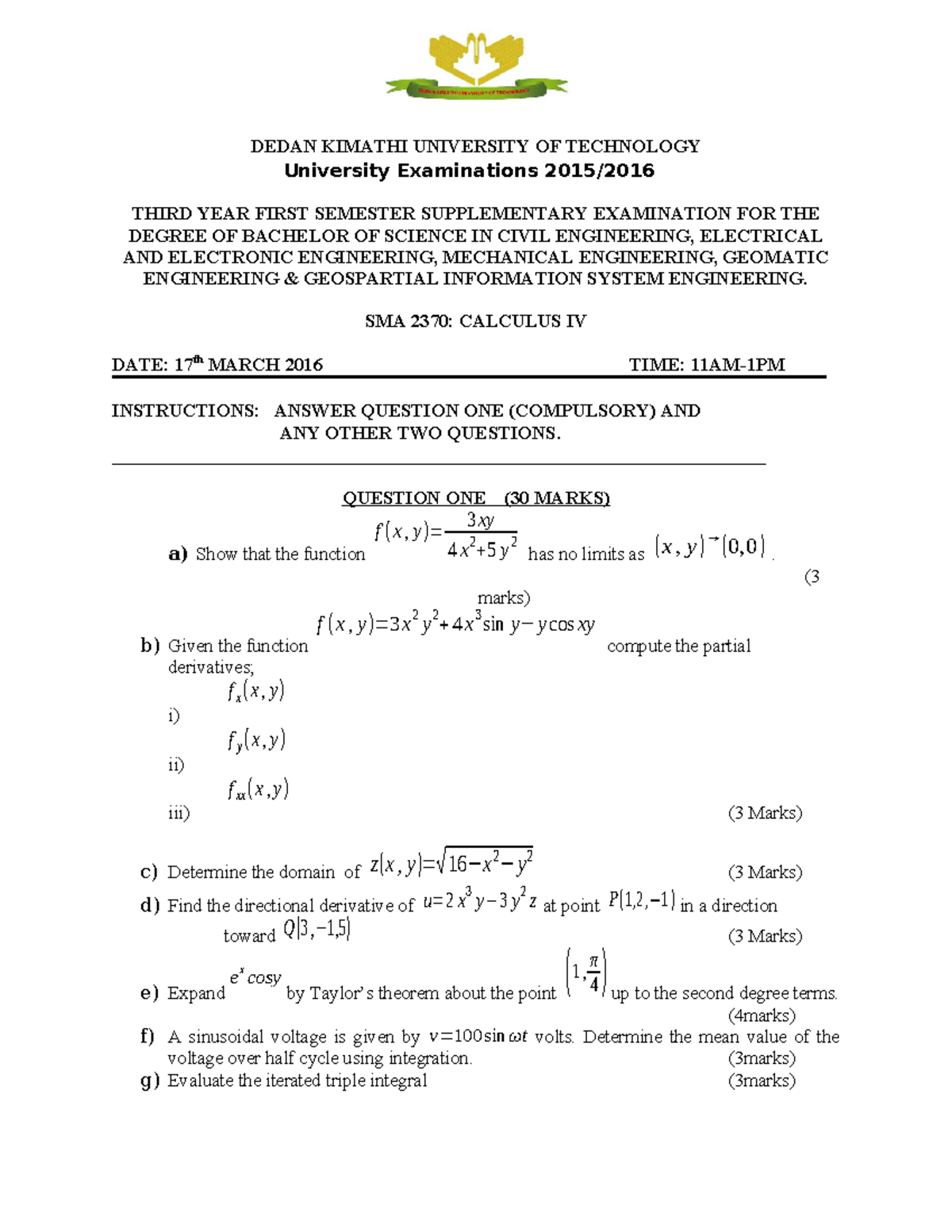 SMA 2370: Calculus IV - Revision Paper for Supplementary Exam - Studocu