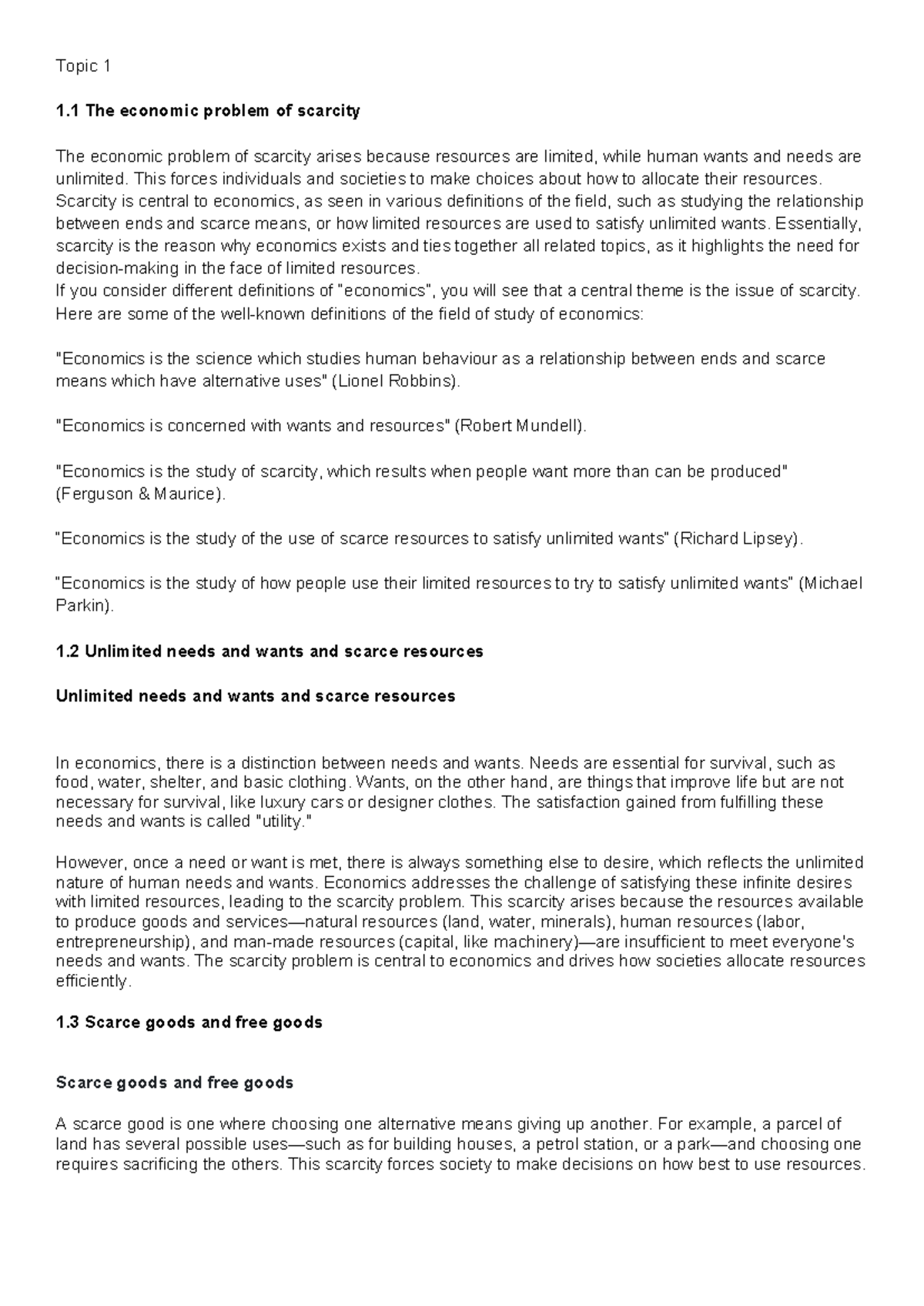 Topic 1 - ESC1501: Understanding Scarcity and Economic Choices - Studocu