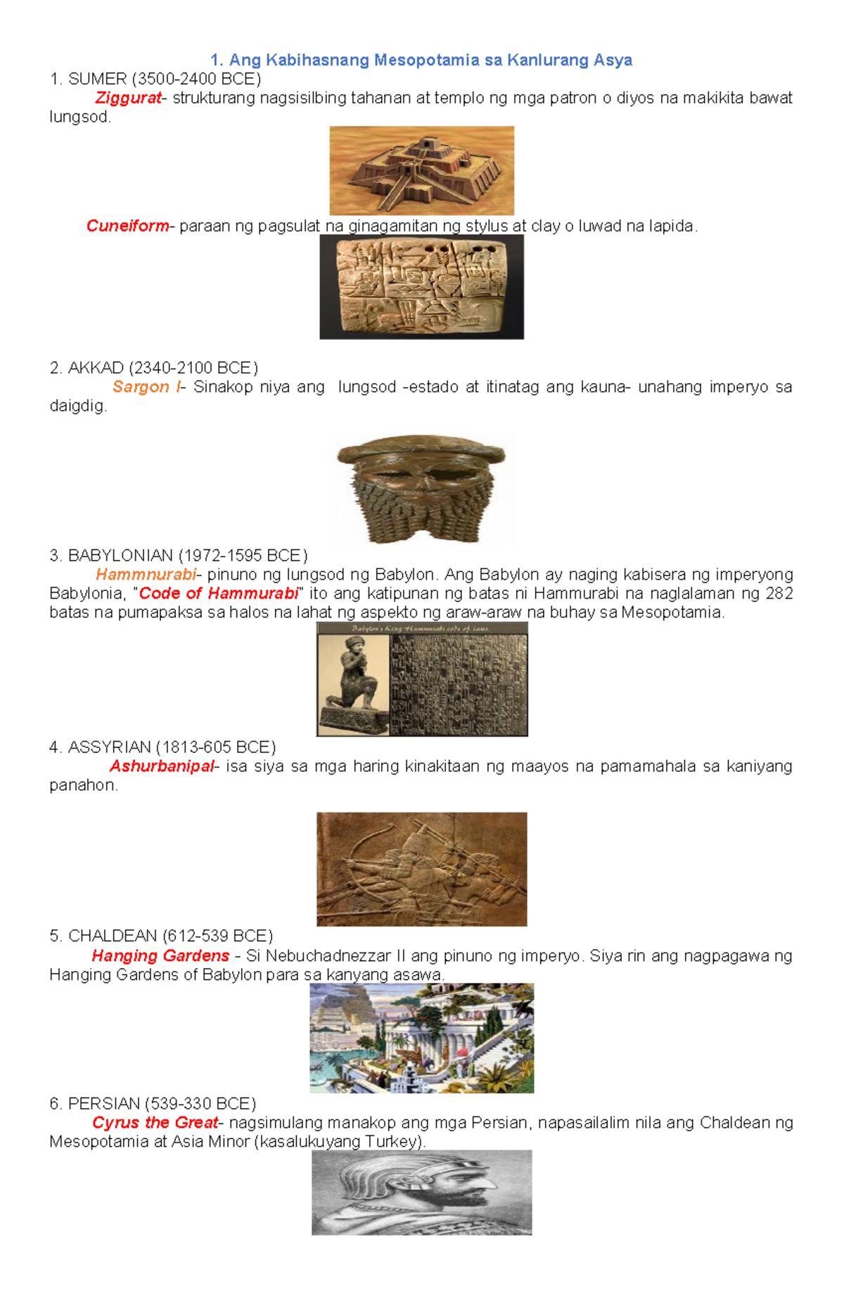 Notes MGA Pamana NG MGA Sinaunang Kabihasnan SA Daigdig Mesopotamia to ...