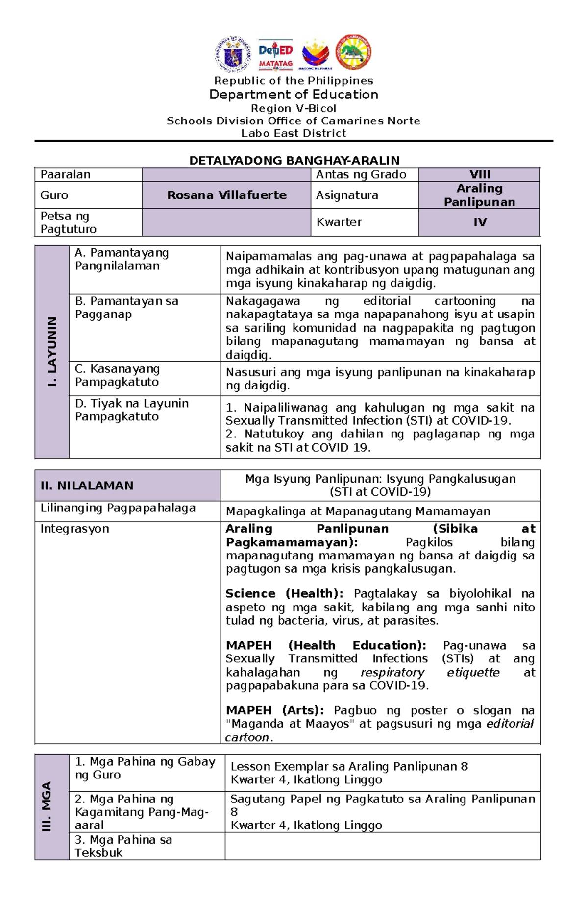 Araling Panlipunan 8: Detailed Lesson Plan on STI and COVID-19 - Studocu