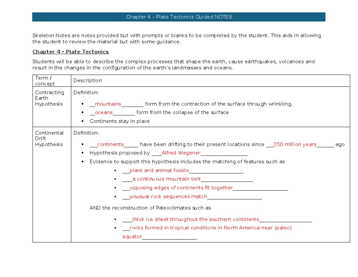Chapter 4 - Plate Tectonics Guided Notes (Skeleton Notes) - Studocu