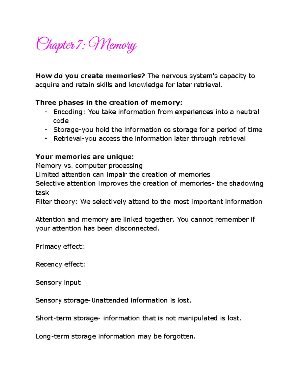 Chapter 7: Memory Processes - Encoding, Storage, and Retrieval - Studocu