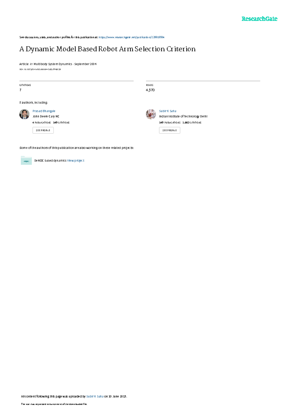 A DYNAMIC MODEL BASED ROBOT ARM SELECTION CRITERION (ME 2004) - Studocu