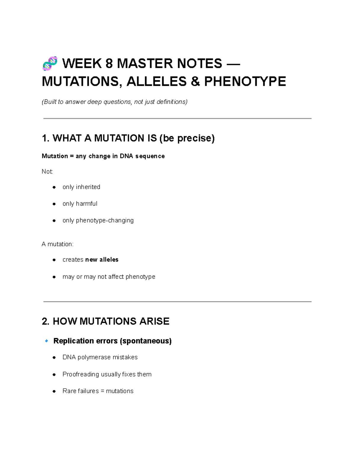 Week 8 Genetics: Master Notes on Mutations & Alleles - Studocu